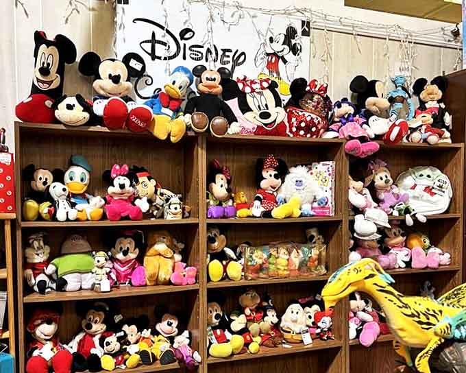 Mickey and friends hold court in plush form, their vintage stitching and slightly off-model charm making them all the more endearing.
