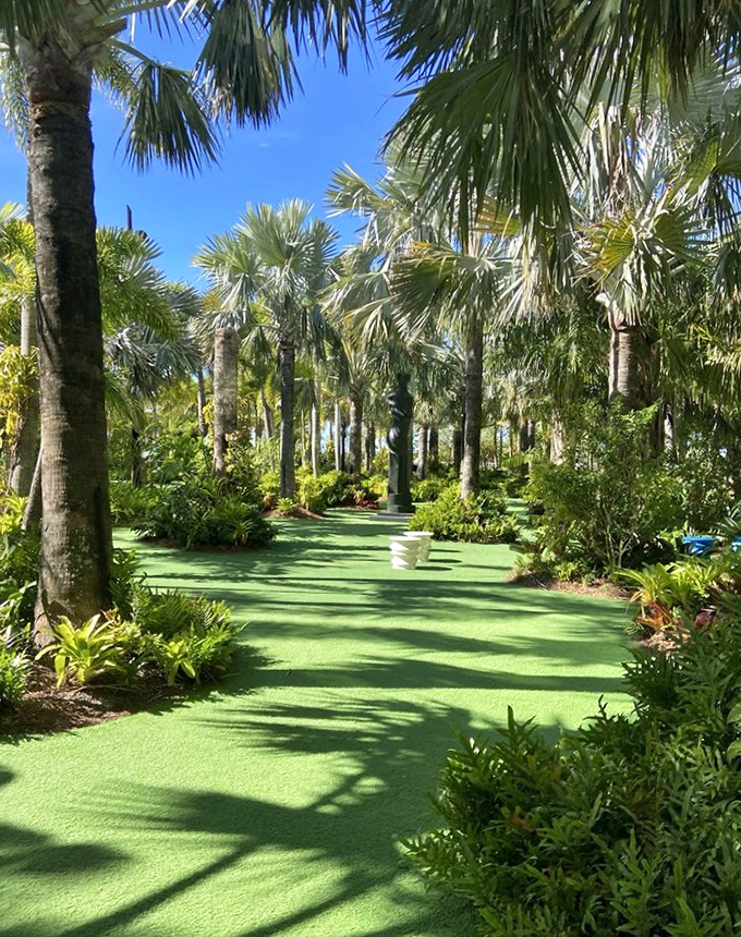 Wander down palm-lined pathways where dappled sunlight creates natural spotlights on the vibrant green carpet below.