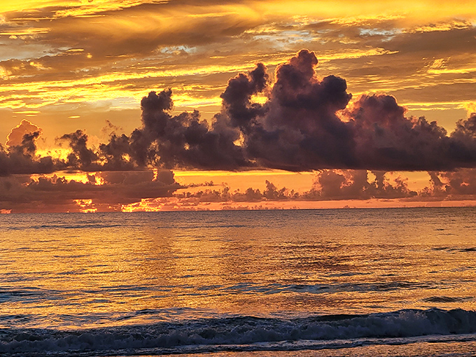 The sky puts on its evening finery at Mosquito Lagoon, painting clouds in shades that would make even Monet question his palette choices.