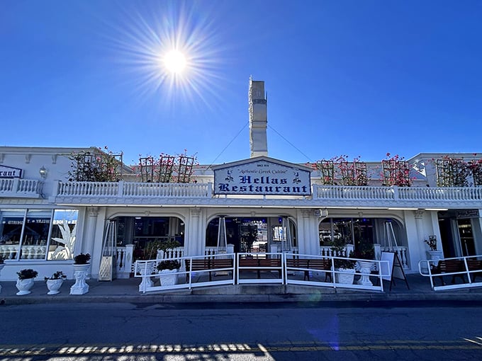 Hellas Restaurant gleams like a white palace in the Florida sun, promising Greek delights that'll make you forget you're stateside.