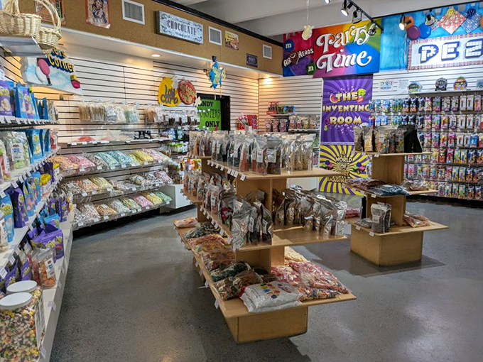 Inside, the organized chaos of candy creates a visual symphony that would make even the most jaded adult feel like skipping down the aisles.