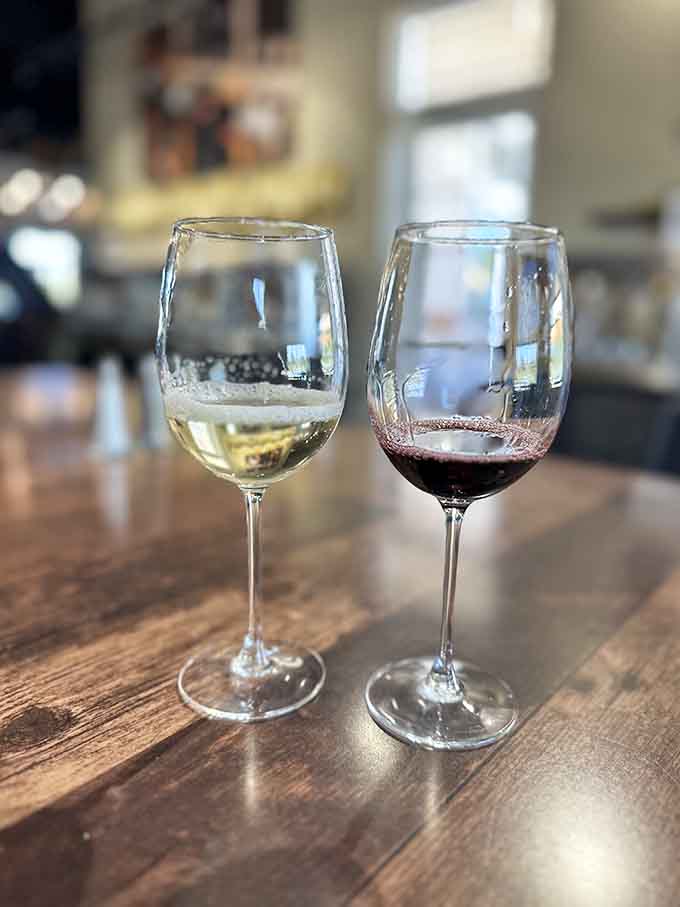 Red and white sitting together in perfect harmony, like a wine-based buddy comedy where everyone wins, especially your taste buds.