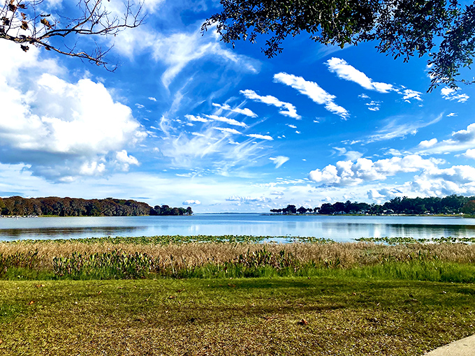 Lake Harris stretches toward the horizon like a sheet of blue glass, reflecting clouds that seem to be showing off just for you.