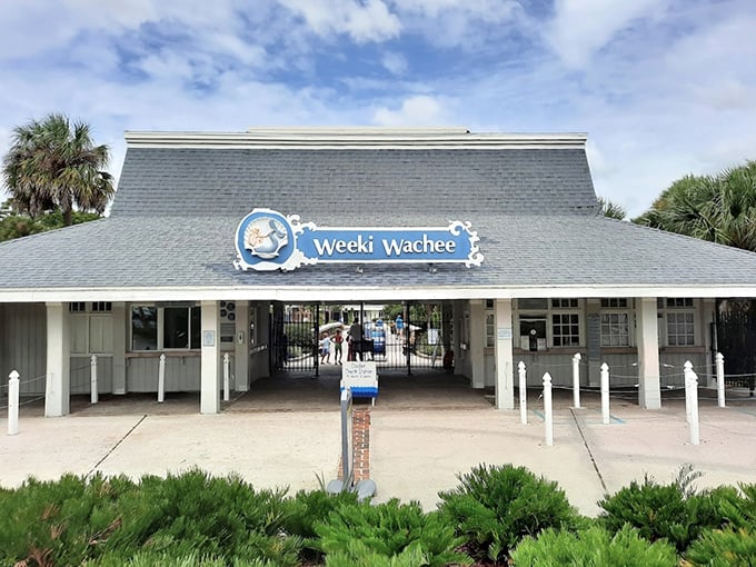 The charming entrance to Weeki Wachee welcomes visitors with retro Florida vibes and the promise of underwater magic.