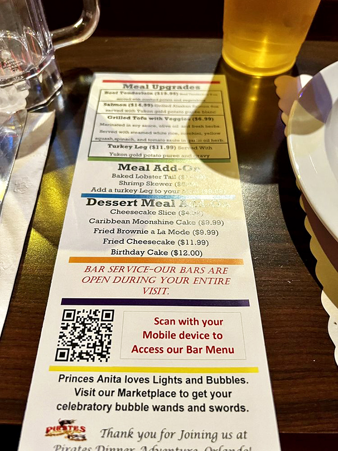 The menu offers hearty fare fit for hungry buccaneers &ndash; upgrade options include salmon and beef tenderloin for discerning pirate palates.