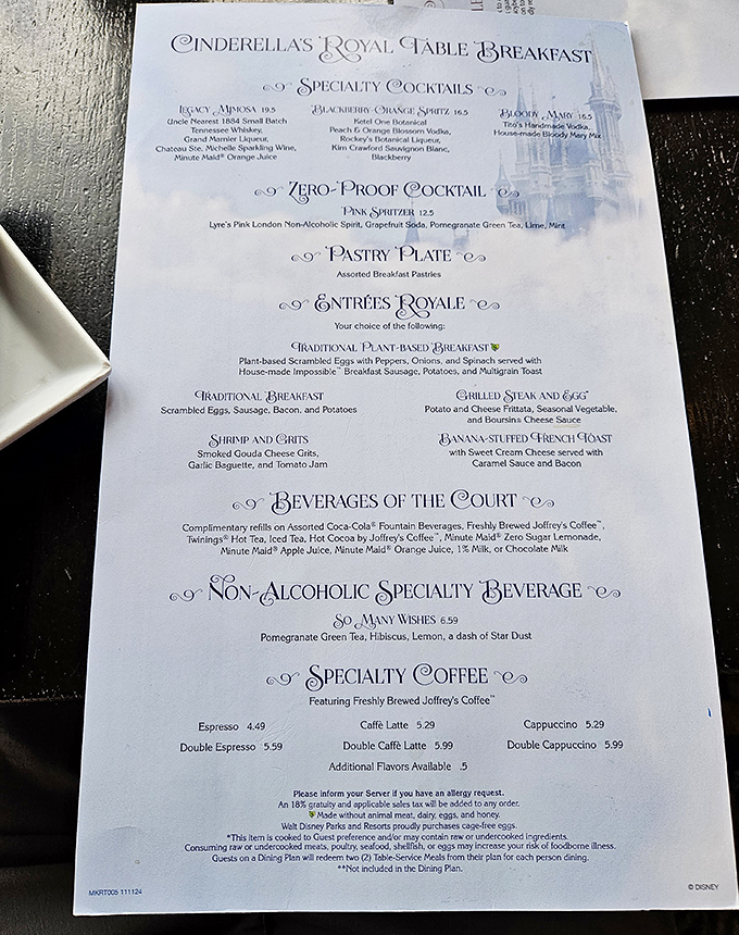 The royal menu offers everything from traditional breakfast favorites to sophisticated dinner entrées, with options to please both noble palates and picky princes.