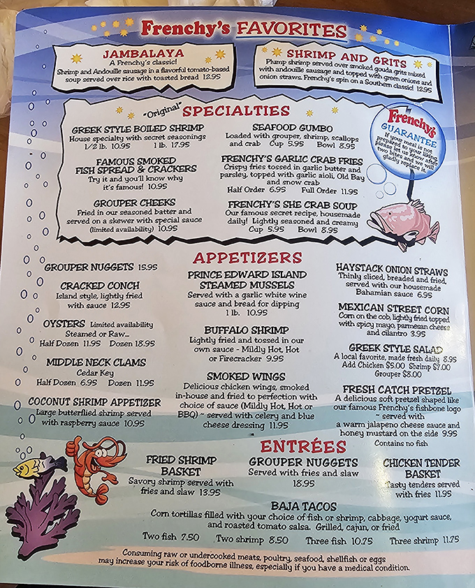 The menu reads like a love letter to Gulf seafood, with the legendary grouper taking center stage among a supporting cast of ocean delights.