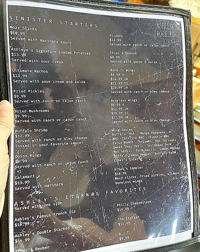 Sinister Starters and "Eternal Favorites" grace the menu at Ashley's, where even the food descriptions carry a playful supernatural wink.