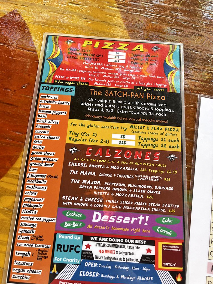 The menu bursts with personality and pizza possibilities. That Satch-Pan Pizza with caramelized edges has developed its own fan club.