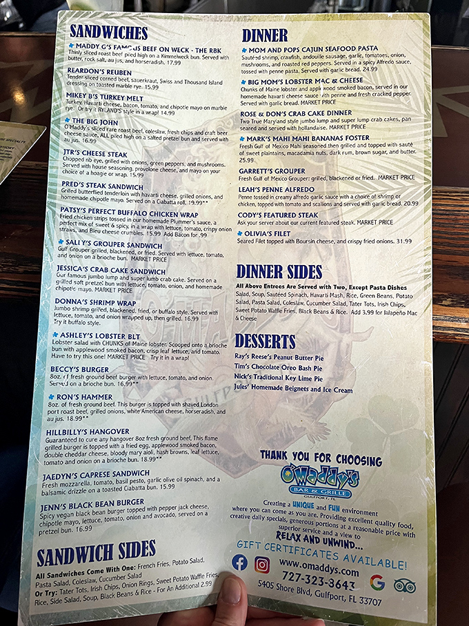 Menu: A treasure map of coastal delights, from "Big John's Lobster Mac" to "Hillbilly's Hangover" burger &ndash; decisions have never been so deliciously difficult.