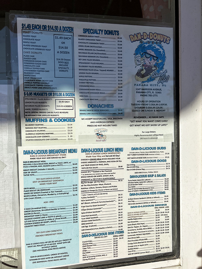 A menu board that reads like a roadmap to happiness, showcasing everything from classic glazed donuts to hearty breakfast platters.