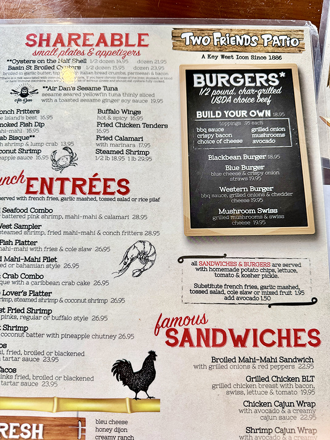 Menu: A culinary roadmap to seafood nirvana, where "shareable" is technically true but you'll fight over the last conch fritter anyway.