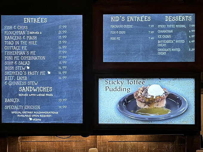 British comfort food dominates the menu board, with hearty classics that would make any homesick wizard feel right at home.