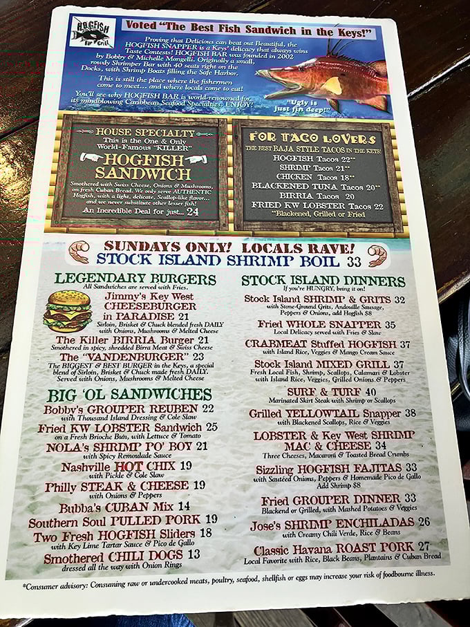 The laminated treasure map of flavors showcases the "Killer" Hogfish Sandwich &ndash; a local legend that lives up to its bold name.