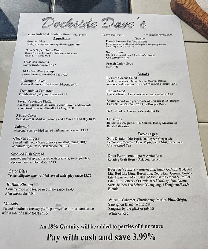 The menu reads like a love letter to Gulf Coast seafood, with that legendary grouper taking center stage among tempting options.