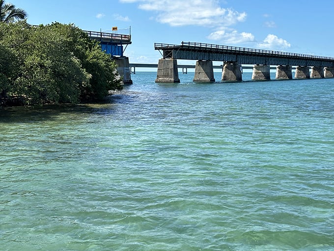 The historic Old Seven Mile Bridge stretches across turquoise waters, a testament to engineering ambition that now serves as a pathway to adventure.