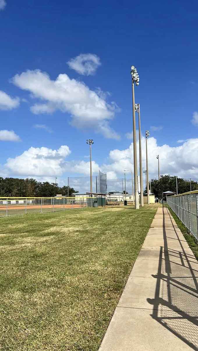 Where sports fields meet nature, proving that even baseball diamonds can coexist peacefully with the wild side of Florida's landscape.