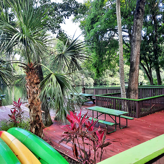 This colorful riverside picnic area proves that sometimes the best dining rooms have no walls, just panoramic views and fresh air.