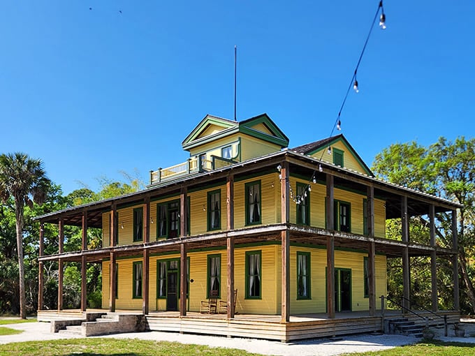 The magnificent Planetary Court building, where seven women once governed the Koreshan Unity, showcases classic Victorian design with Florida adaptations.