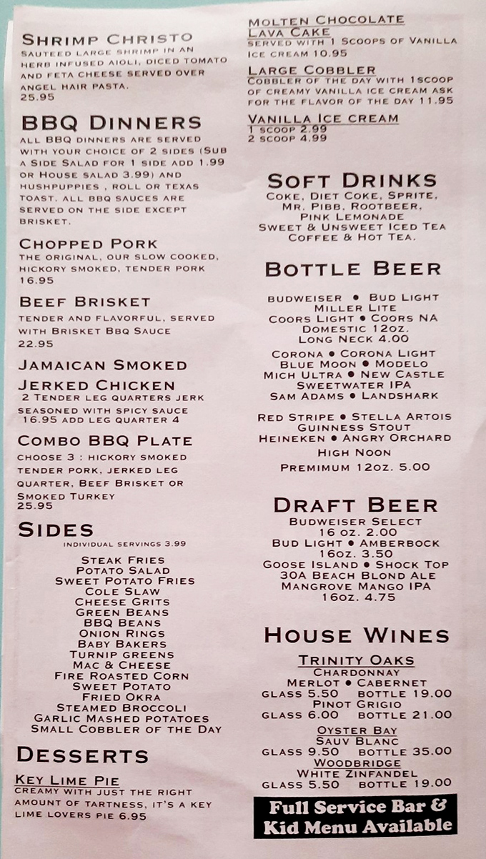 The menu reads like a love letter to Southern coastal cuisine, from BBQ classics to seafood treasures.