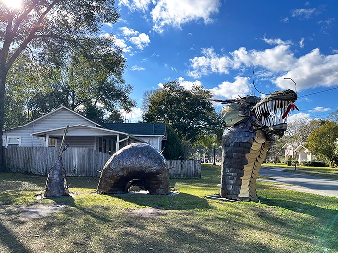 The side view showcases the dragon's impressive profile against a backdrop of suburban tranquility &ndash; talk about your unexpected neighborhood watch program!