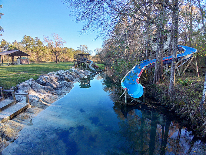 That blue slide isn't just for kids &ndash; watch grown adults transform into giggling 10-year-olds as they splash into the refreshing 68-degree water.