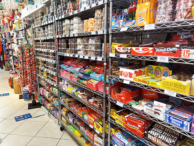 Navigating these aisles is like a treasure hunt through confectionery history, with classic brands nestled alongside obscure treats from every era.