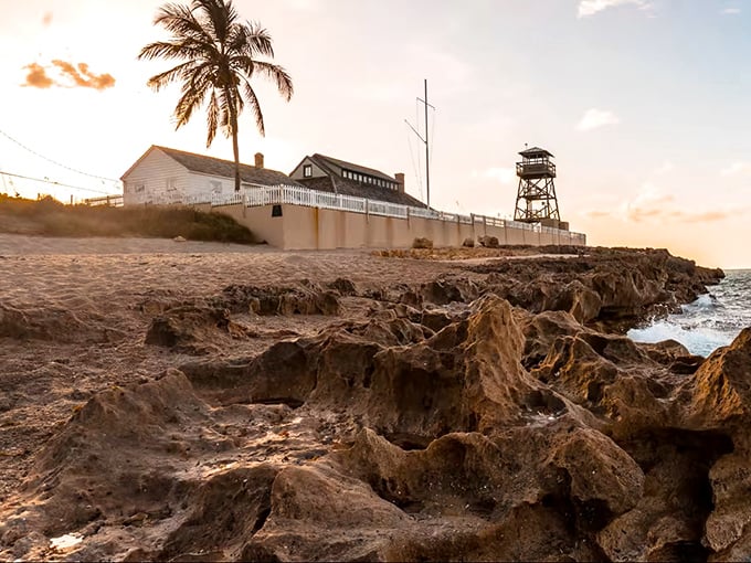 The historic House of Refuge stands sentinel on rocky shores, a reminder of days when shipwrecks were common and rescue essential.