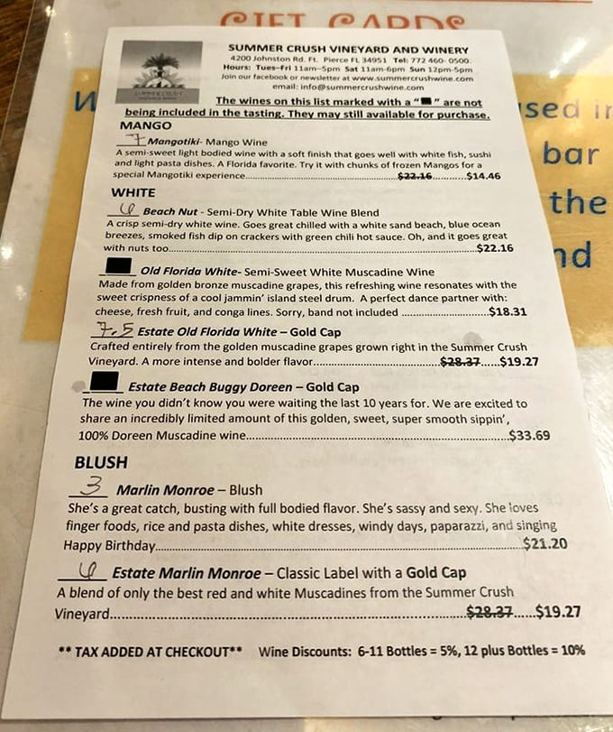 The tasting menu reads like a greatest hits album, featuring wines with names that prove someone has a sense of humor about viticulture.