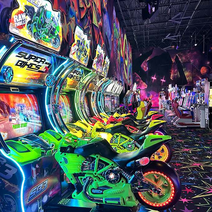 Super Bikes: These neon-green mechanical steeds let you experience the thrill of street racing without the inconvenience of traffic tickets or actual danger.