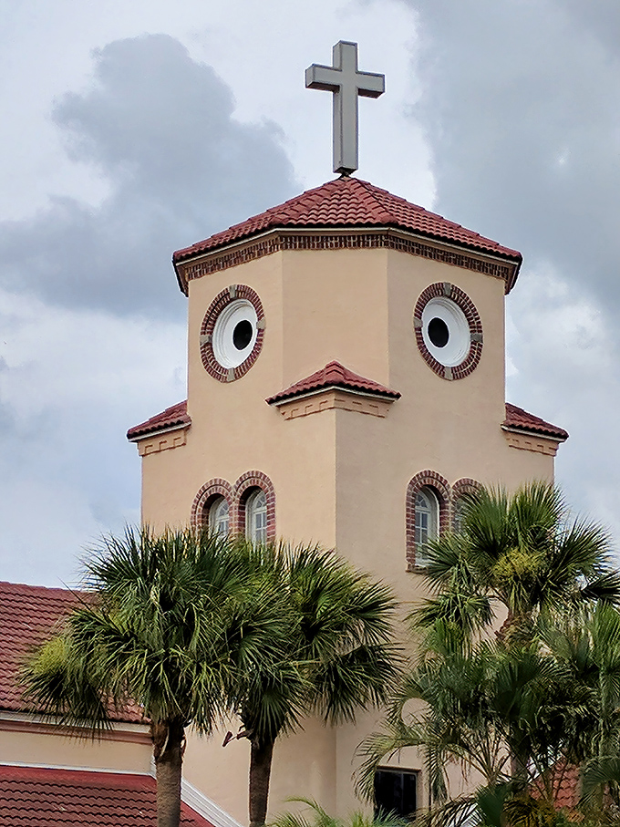 Those eyes! The circular windows of the tower create the unmistakable "chicken face" that has made this church an internet sensation.