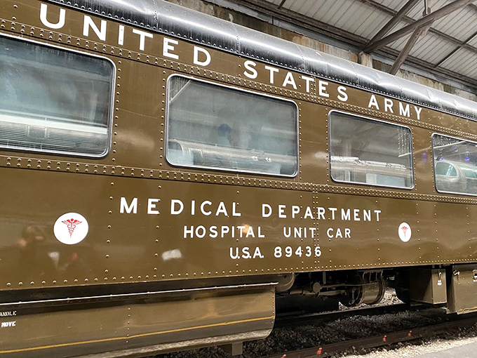 Military precision meets medical necessity in this Army hospital car, a fascinating neighbor to the presidential railcar.