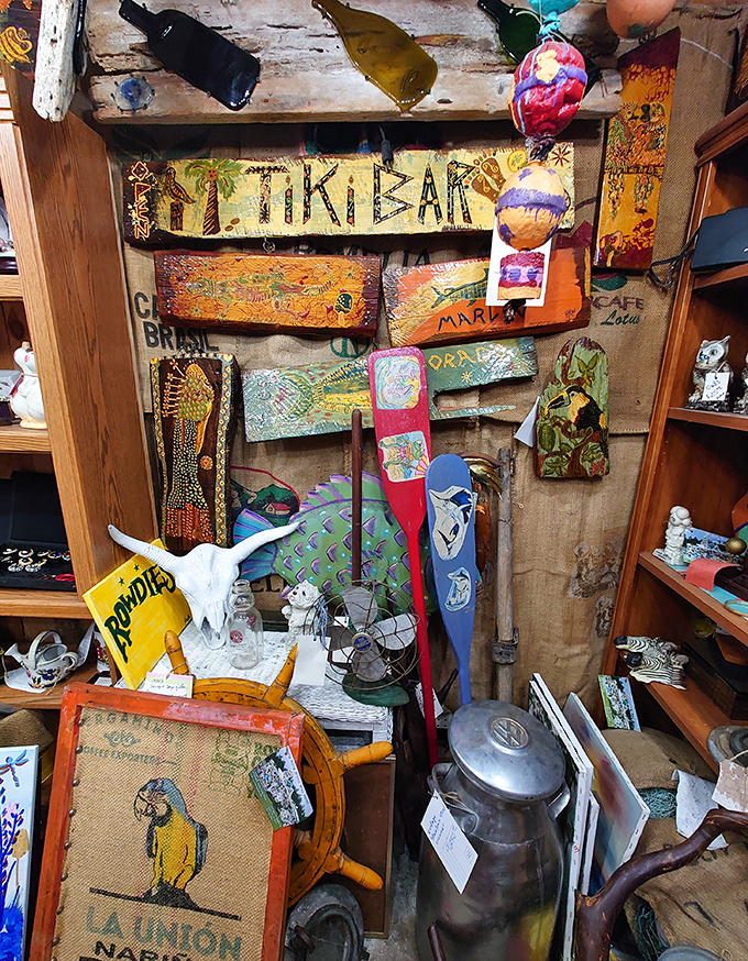 The Tiki Bar section transports you to a tropical paradise where every souvenir tells a story of adventures never had.