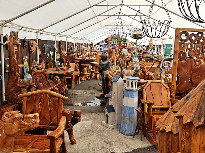 Rustic meets fantastic in this tent of wooden wonders &ndash; furniture that would make Gepetto jealous and trees envious.