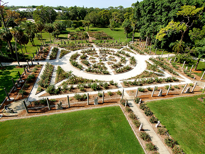 From above, the garden's formal design reveals itself like a beautiful secret that's been hiding in plain sight all along.