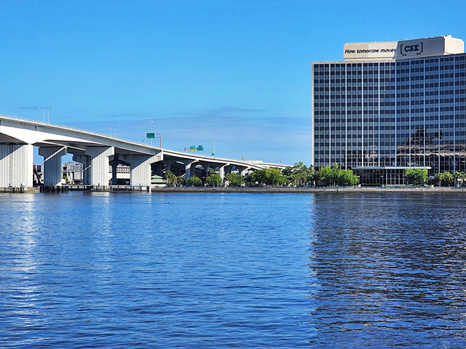 The CSX building stands sentinel beside the St. Johns River, while the blue Main Street Bridge connects Jacksonville's vibrant riverfront communities.