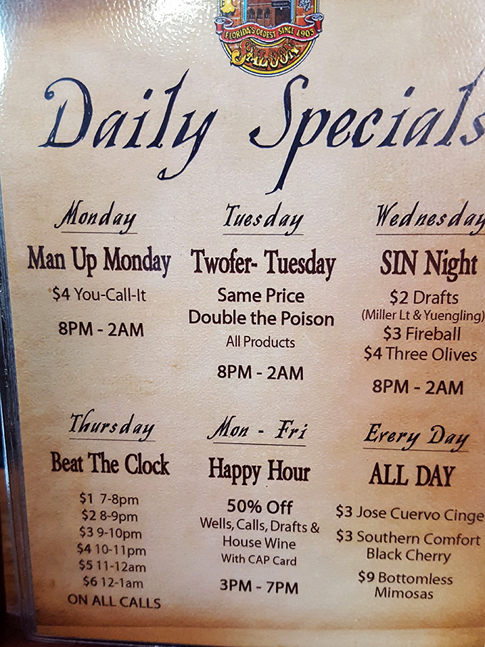 The daily specials board reveals the Palace's playful side &ndash; "Sin Night" and "Beat The Clock" proving this historic spot knows how to keep things interesting.