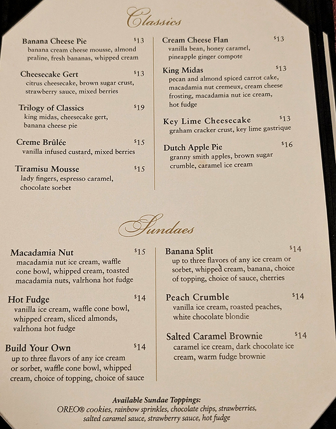 Decisions, decisions! The dessert menu at Bern's reads like a sweet manifesto, turning choosing just one item into life's most delicious dilemma.