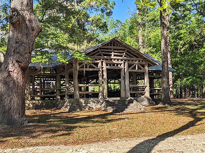 This historic pavilion has witnessed generations of family gatherings, its rustic beams and posts telling stories of Florida's past.