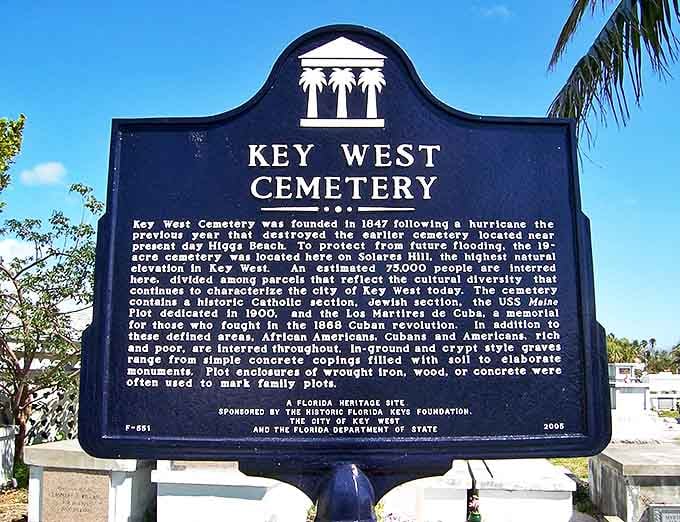 This historical marker reveals the cemetery's fascinating origins, established in 1847 after a hurricane washed away the previous burial ground.