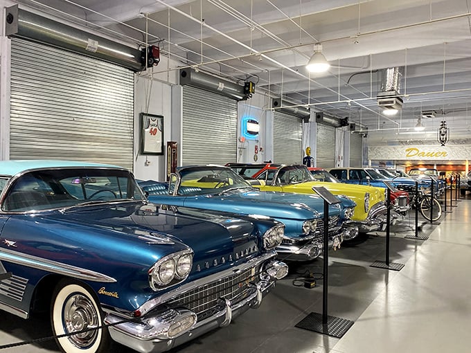 A cathedral of chrome and candy-colored paint where yesterday's dreams are polished to perfection and displayed with reverence.