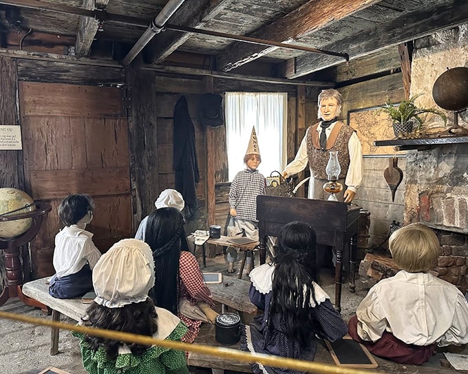 Lifelike figures recreate a classroom frozen in time, where quills replaced keyboards and daydreaming was the only available screen time.