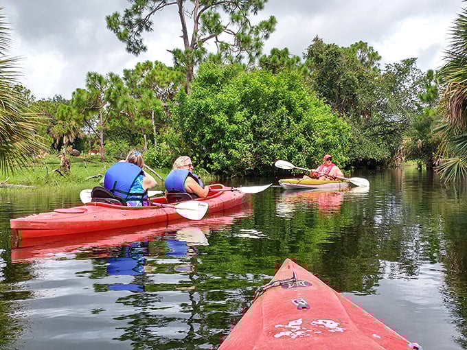 Waterborne explorers: Red kayaks create a striking contrast against the emerald waters as paddlers discover hidden corners of this unique zoo.