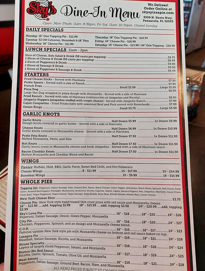 Sky's menu reads like a love letter to pizza enthusiasts, offering everything from classic pies to creative specialties.