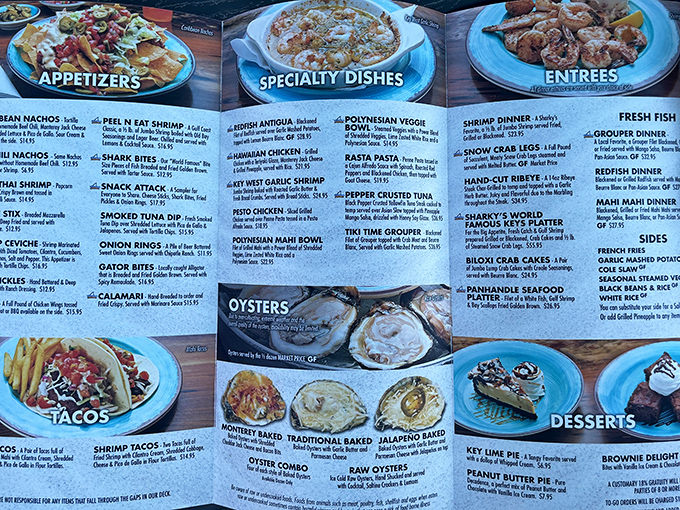Decisions, decisions! Sharky's extensive menu showcases Gulf Coast classics from oysters to their legendary Mango Mahi salad, with something for every appetite.