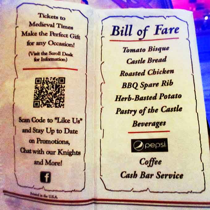The "Bill of Fare" promises a feast fit for royalty &ndash; tomato bisque, castle bread, and roasted chicken all meant to be devoured without those pesky modern utensils.