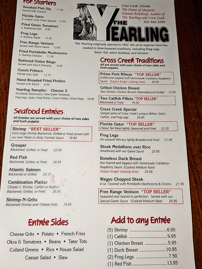 The menu reads like a love letter to Old Florida cuisine &ndash; from gator tail and frog legs to venison and catfish, all prepared with time-honored techniques.