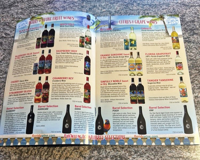 Wine menu showcase: A colorful spread of tropical offerings from blueberry to tangerine, each bottle promising a unique Florida flavor adventure.