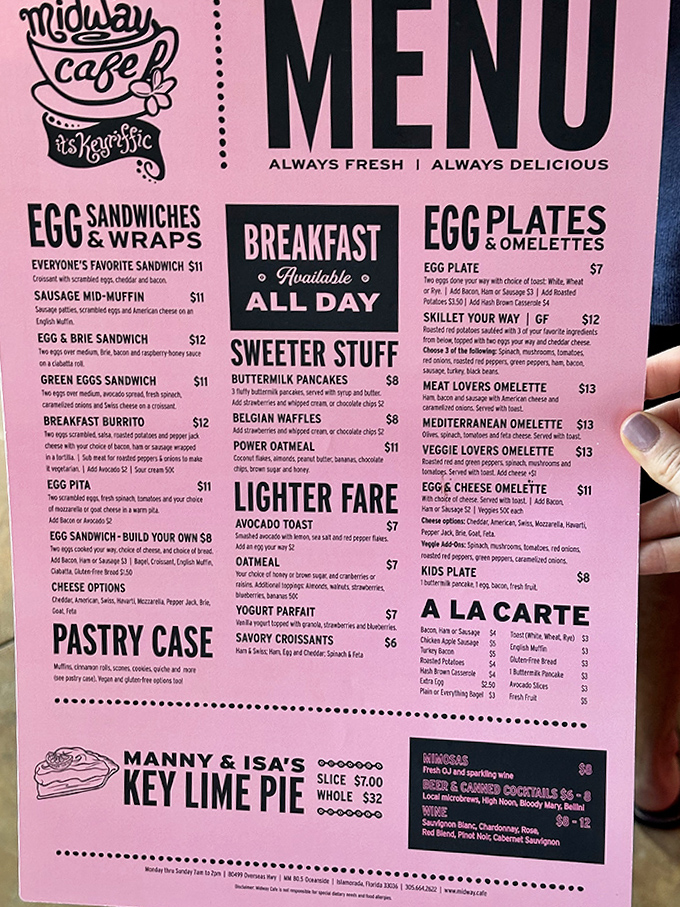 A pink treasure map to culinary bliss, with "Breakfast Available All Day" being possibly the most beautiful phrase in English.