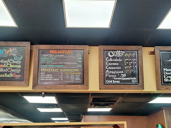 Chalkboard menus display breakfast options and coffee selections, promising the perfect start to any Tampa morning.